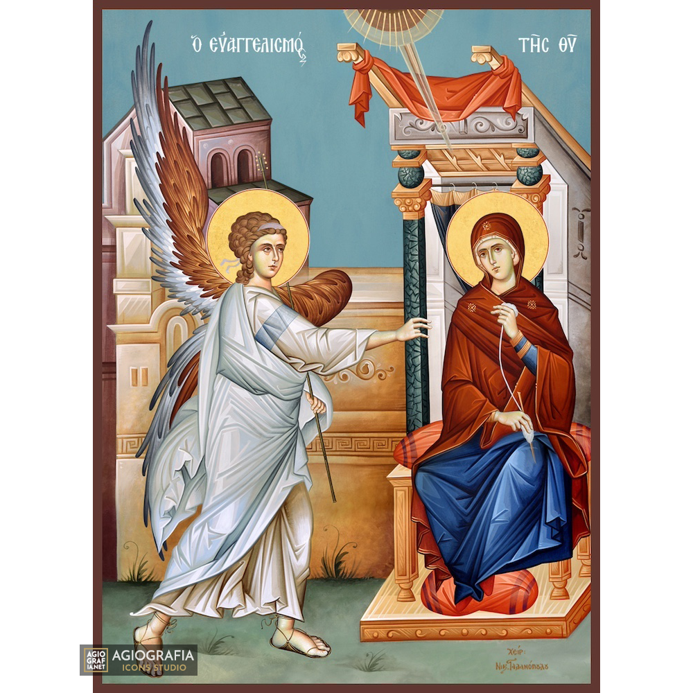 Annunciation of the Theotokos Byzantine Icon with Blue Background ...