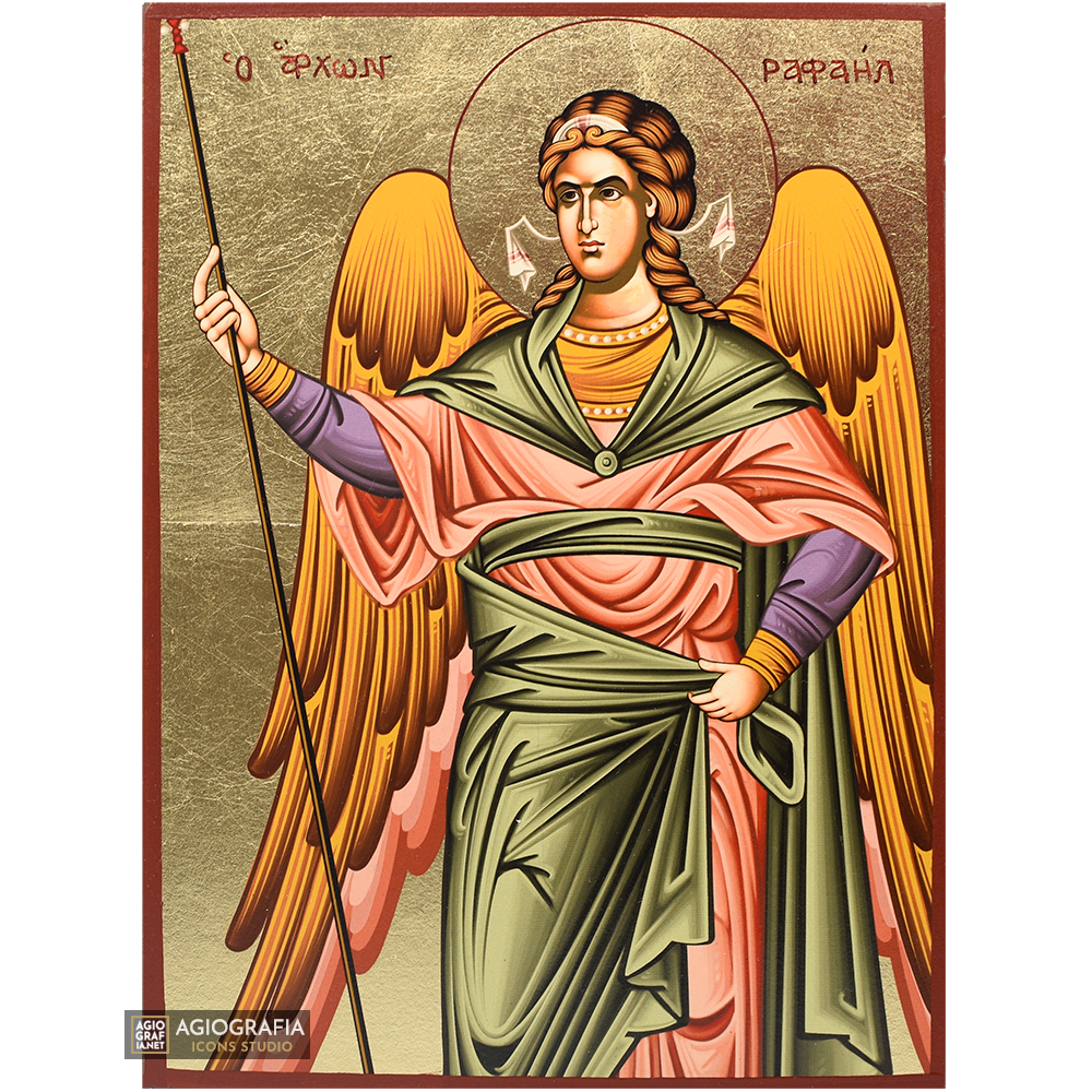 Archangel Raphael Christian Icon with Matte Gold Leaves Background ...