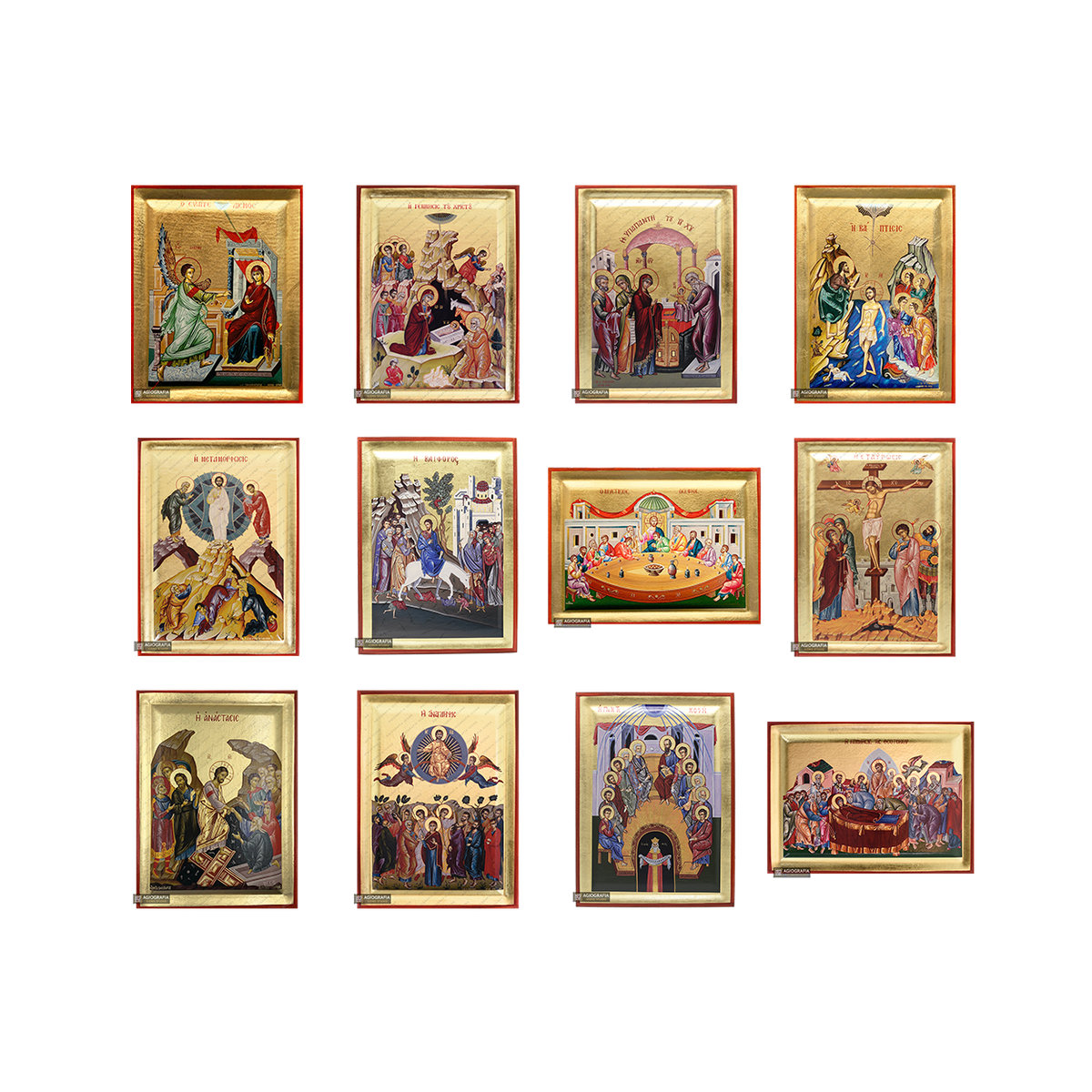 Set of 12 Feastal Christian Icons on Wood with Gold Leaf Background ...