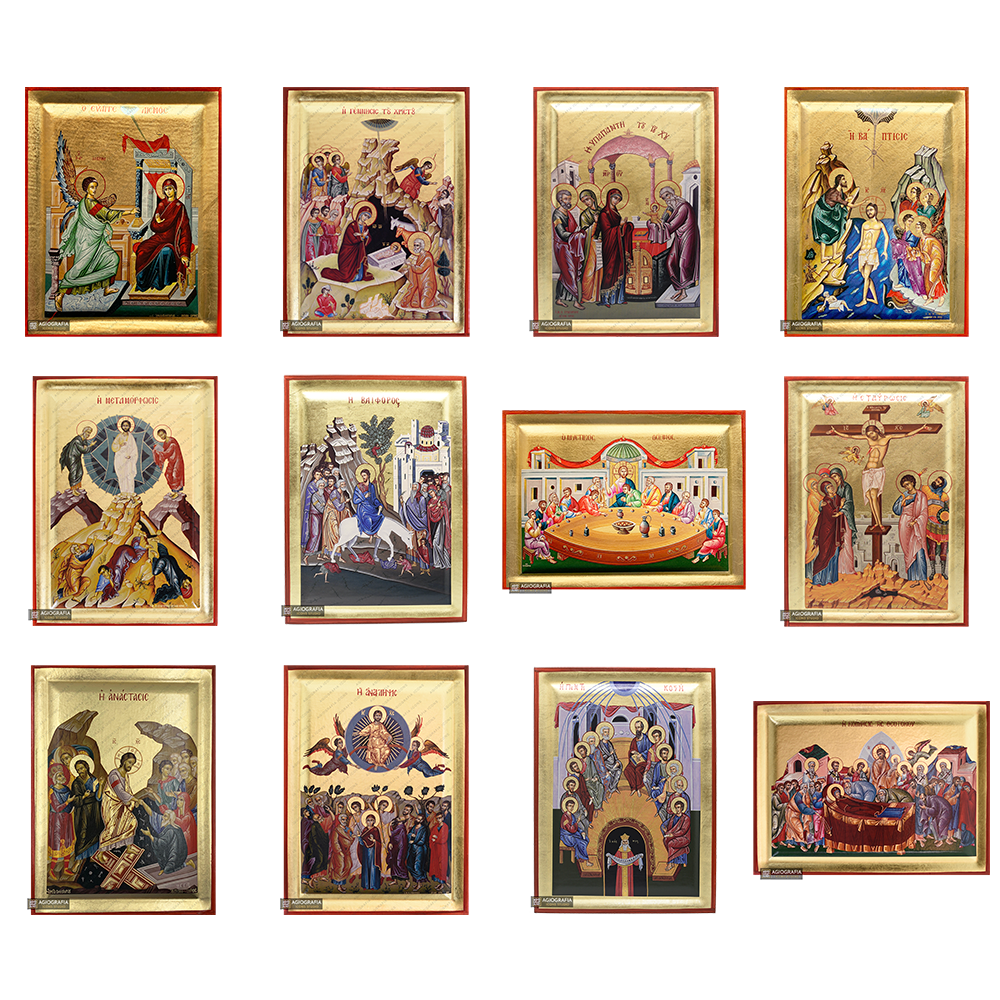 Set of 12 Feastal Christian Icons on Wood with Gold Leaf Background ...