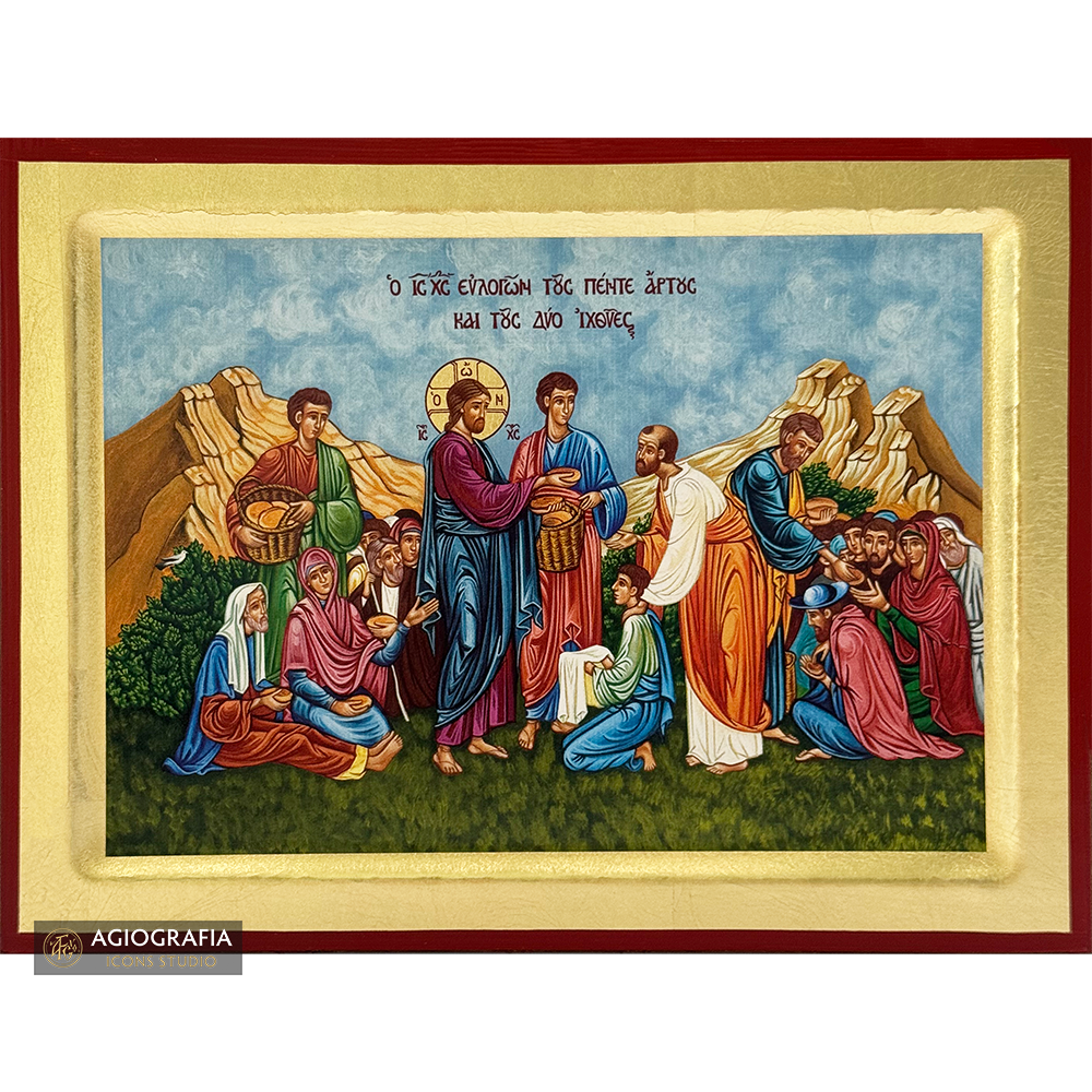 18k Jesus Christ Blessing Bread & Fish Greek Icon with Gold Leaf ...
