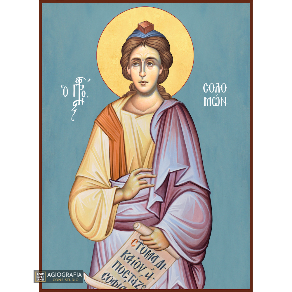 Icône en bois orthodoxe grecque du prophète Salomon avec fond bleu ...