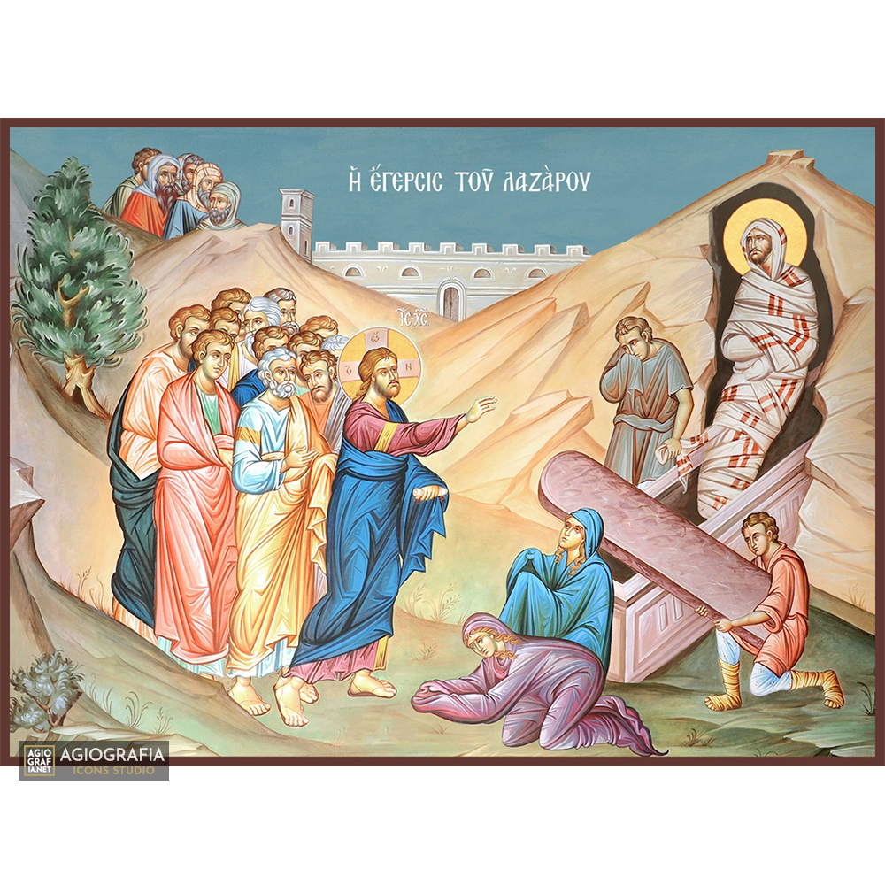Raising of Lazarus Christian Orthodox Icon with Blue Background ...