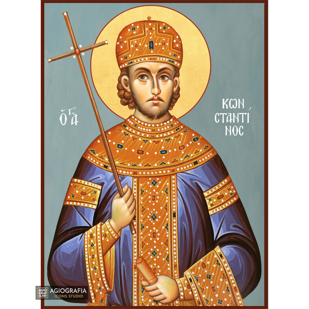 St Constantine Greek Christian Icon with Blue Background – Agiografia Icons