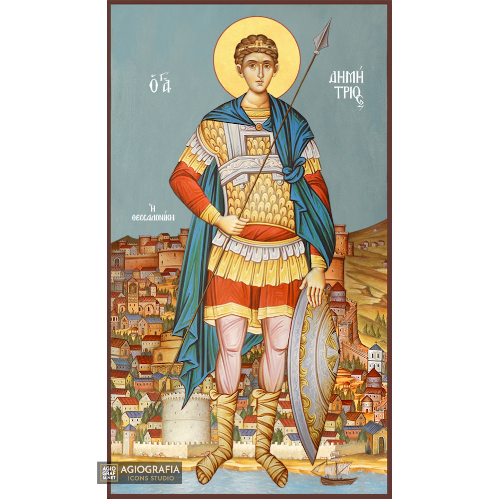 St Demetrius Christian Byzantine Wood Icon with Blue Background ...