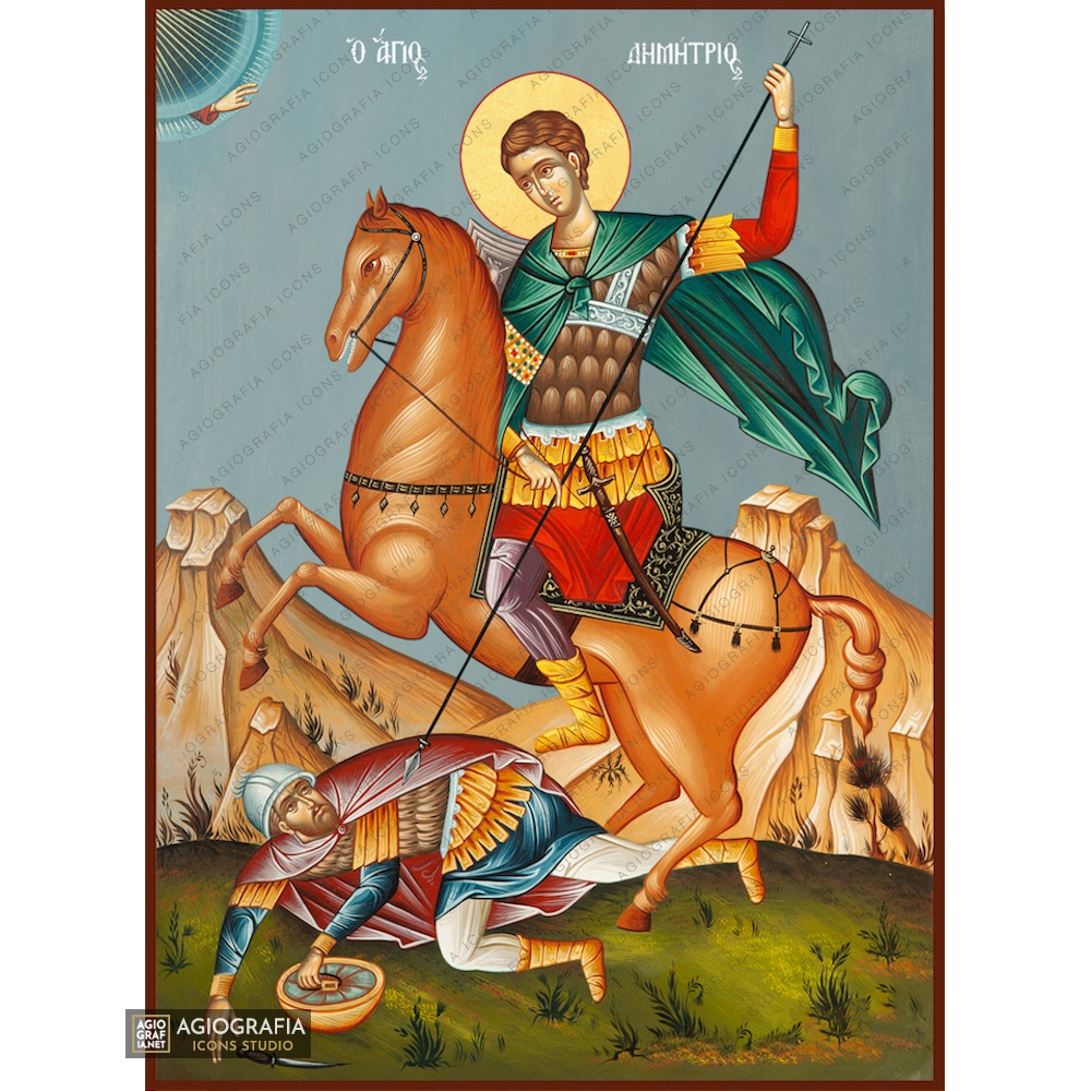 Saint Demetrius Christian Orthodox Icon with Blue Background ...