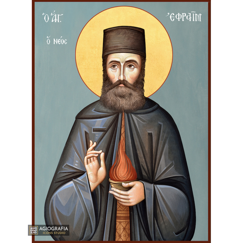 St Efrem of New Makri Orthodox Icon with Blue Background – Agiografia Icons