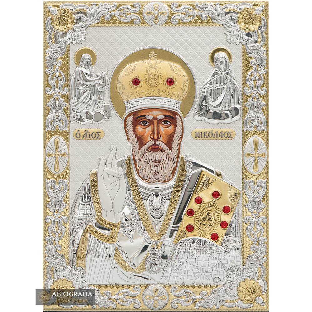 Saint Nicholas Silver Gold Plated Christian Icon on Wood – Agiografia Icons