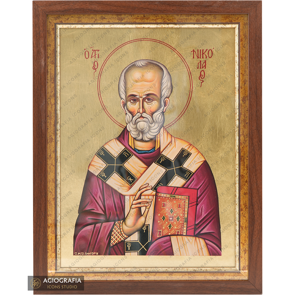 Saint Nicholas Greek Icon on Framed Wood with Gold Leaf – Agiografia Icons