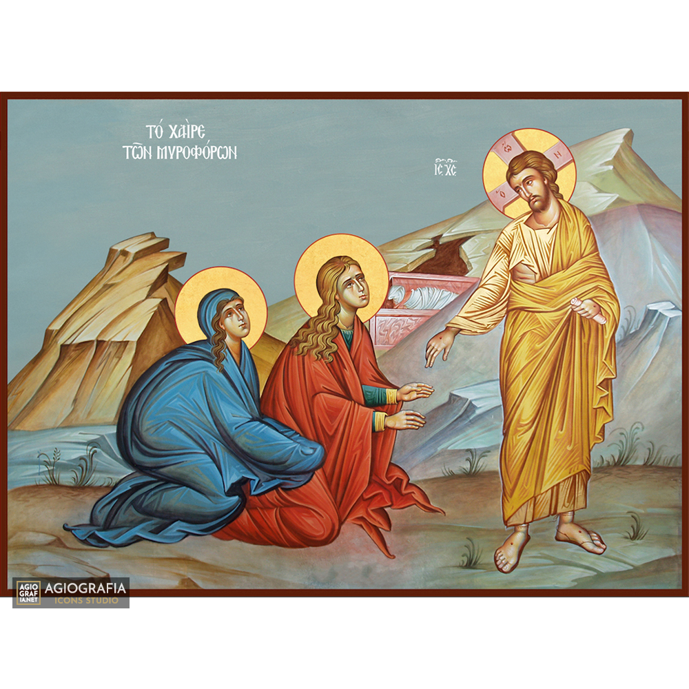 Greeting of MyrrhBearing Women Christian Icon with Blue Background ...
