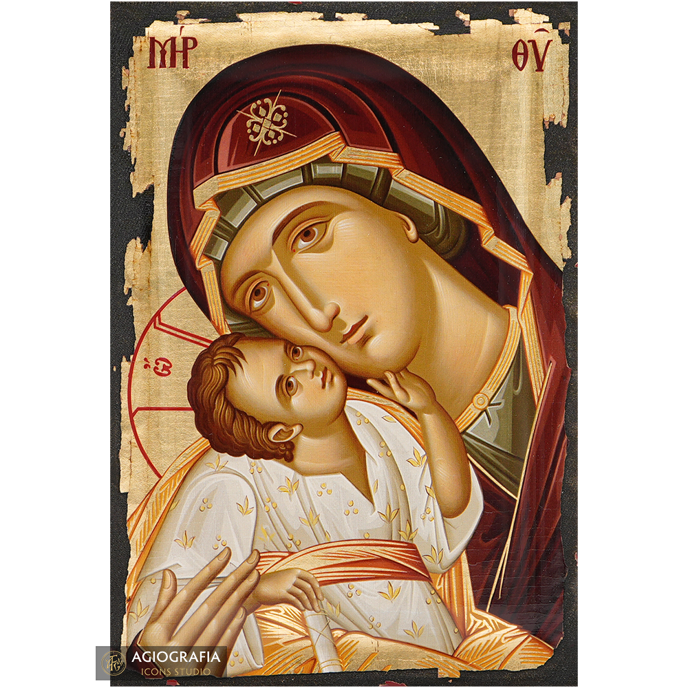 Virgin Mary of Vladimir Christian Icon with Aged Gold Leaves ...