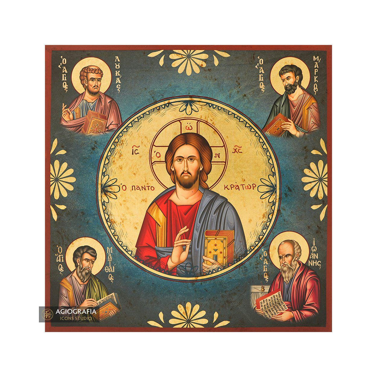 Jesus Christ The Almighty & 4 Evangelists Icon with Gold Leaves ...