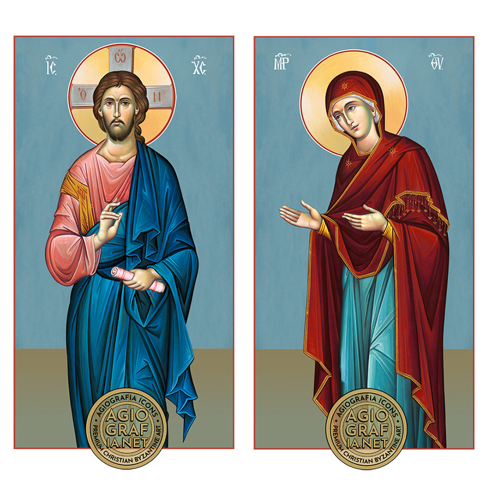 2 Christian Icons Jesus Christ Virgin Mary on Wood - Blue Background ...